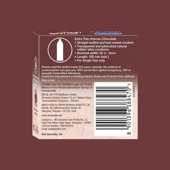Durex Extra Thin Intense Chocolate Flavoured - 3 Condoms, (1 Pack of 3 | Durex India